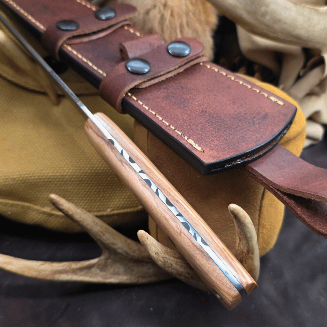 Damascus Fillet Knife Wood Handle Cowhide Leather Sheath - Oji Blades