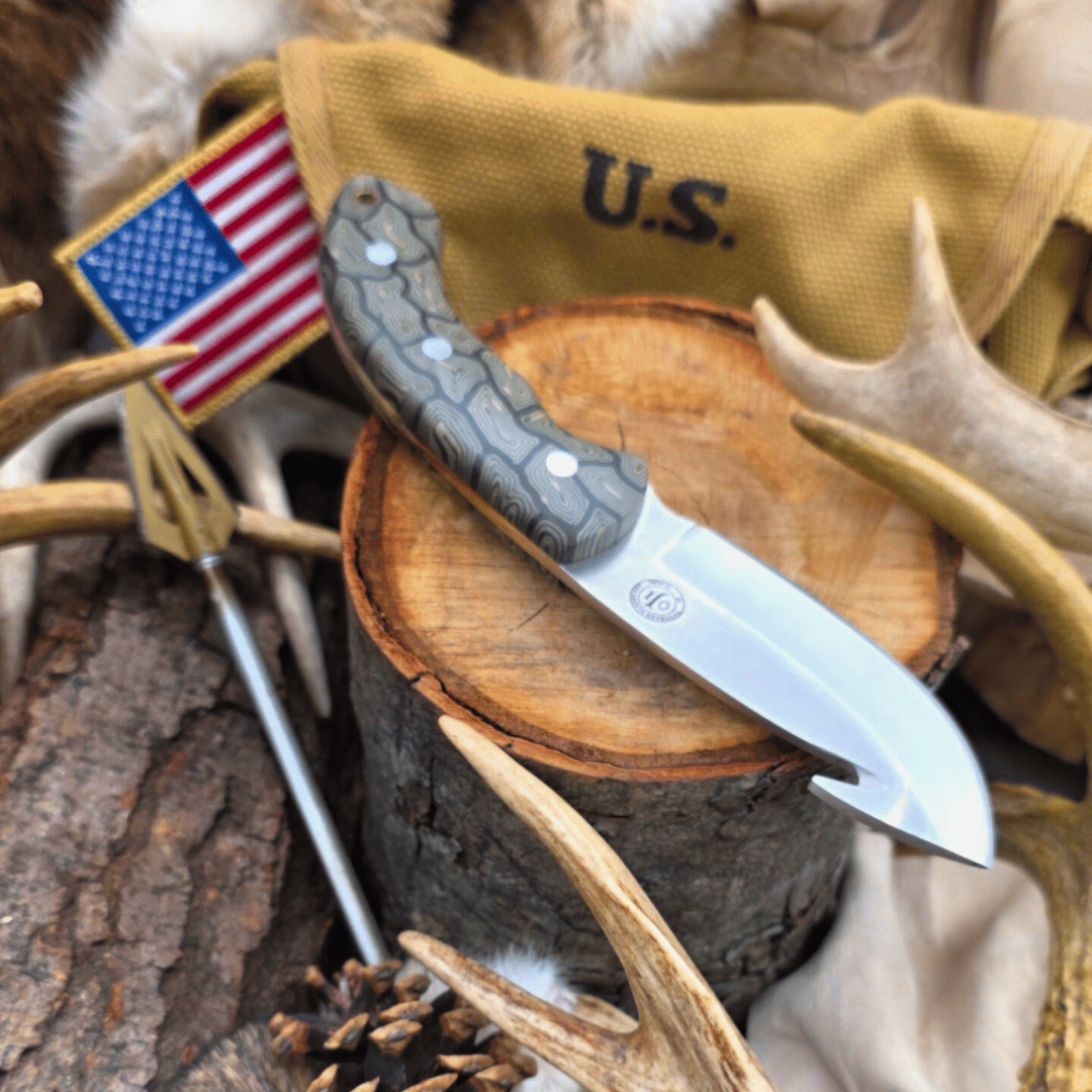 GUT HOOK D2 TOOL Steel Skinner Hunting Knife Linen Micarta Handle - Oji ...